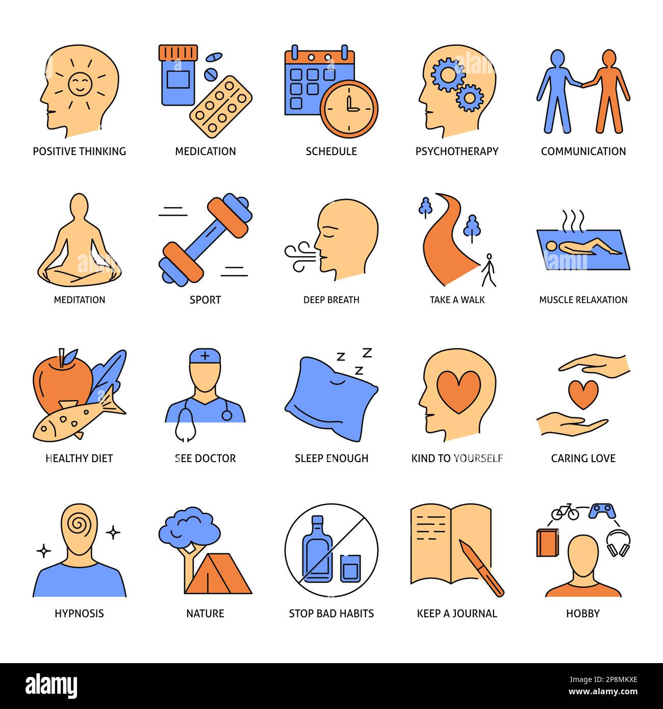 Stress relieve methods icon set in colored line style. Keeping good ...