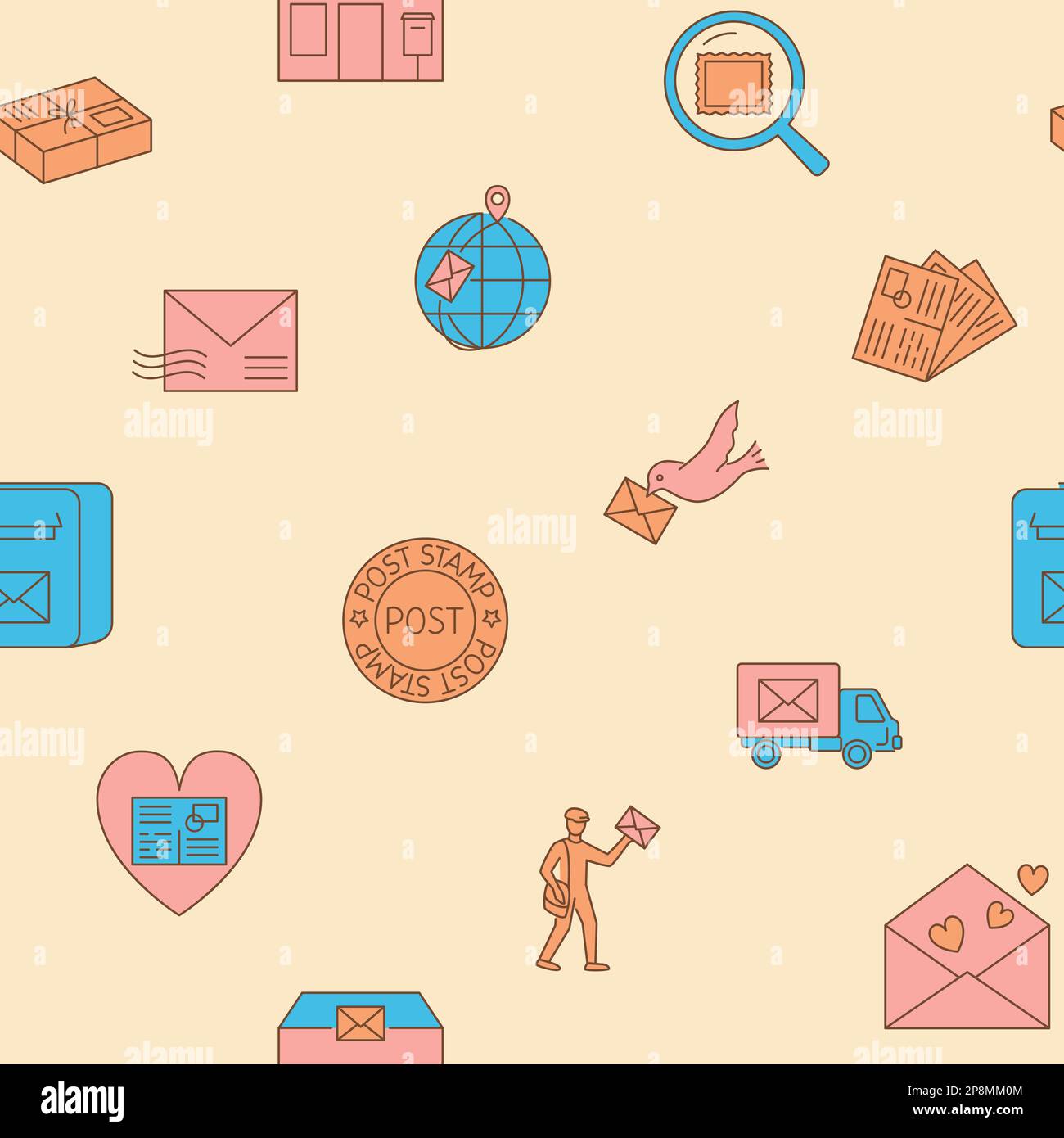 Postcrossing seamless pattern in colored line style. Sending mail ...