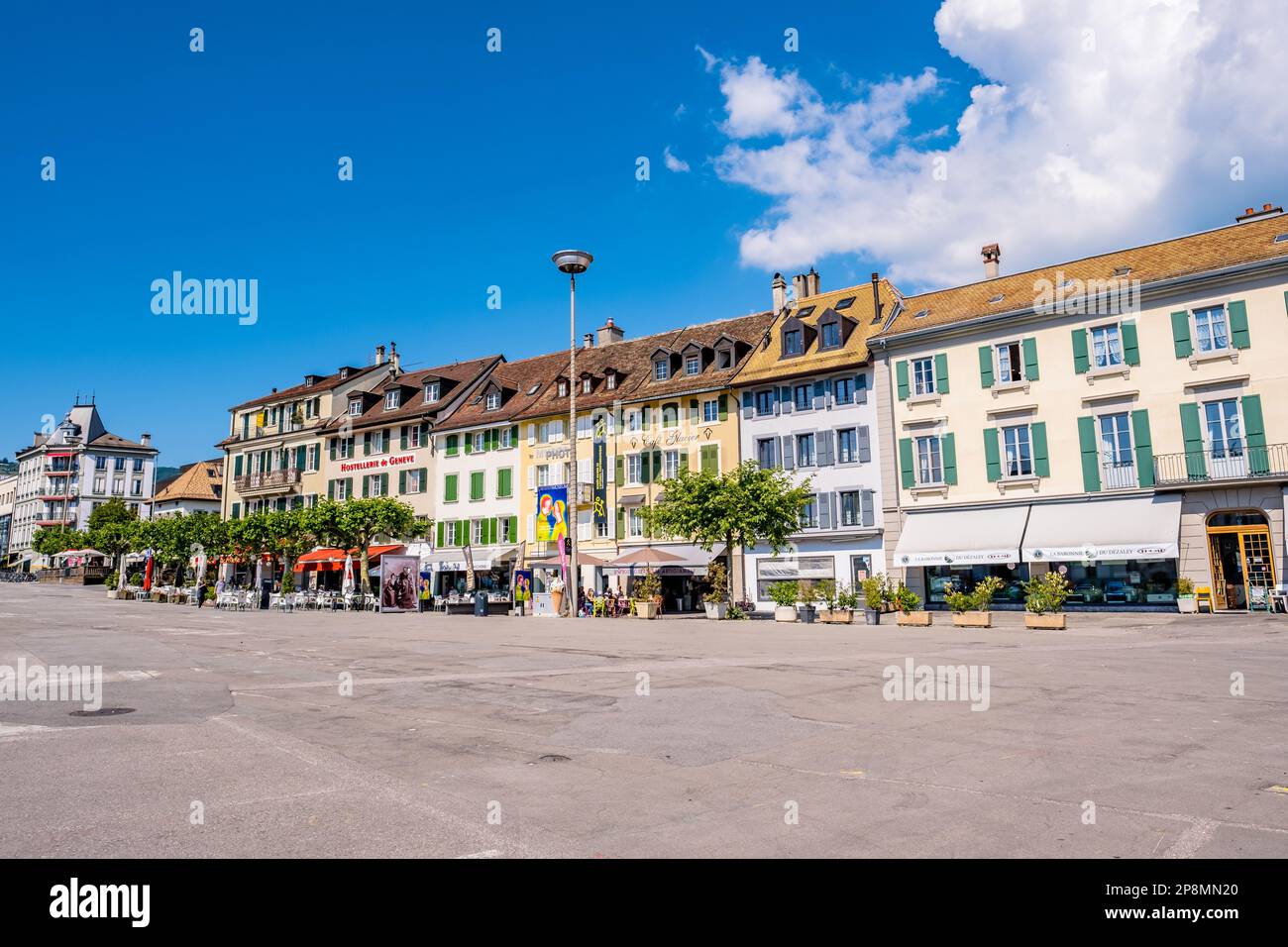 A beautiful urban view of Vevey with traditional buildings in ...
