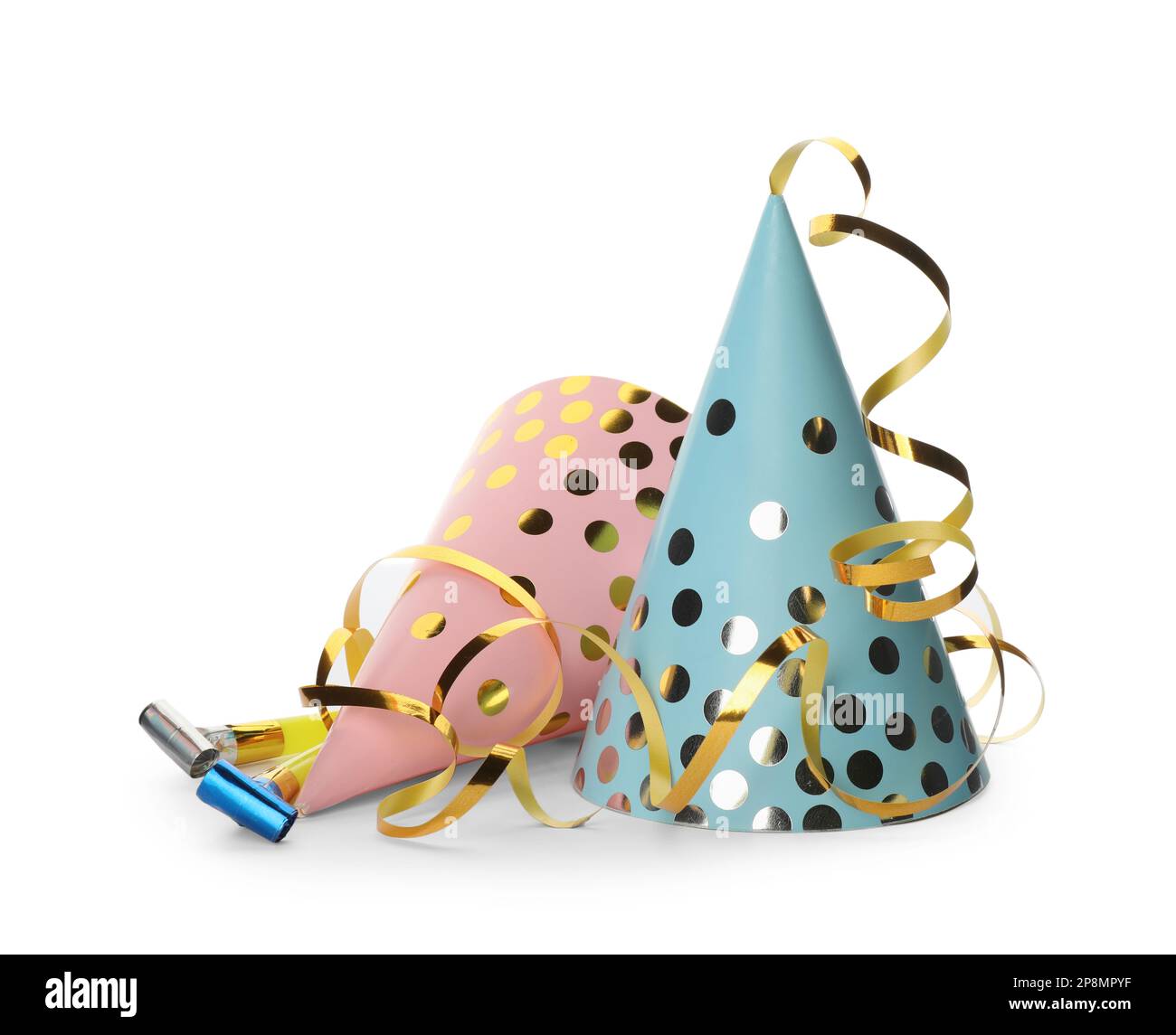 Colorful party hats, blowers and confetti streamers on white background ...