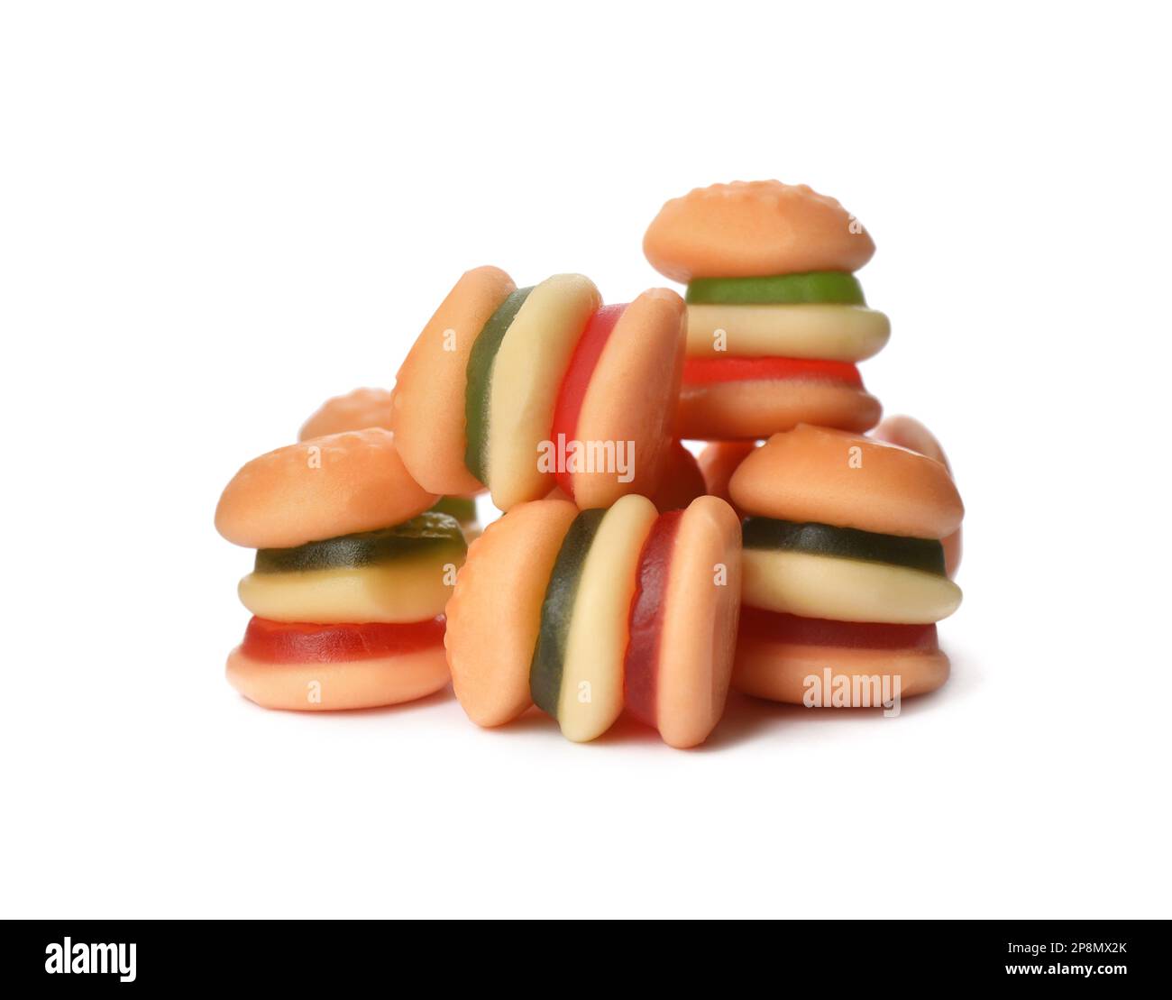 Pile with jelly candies in shape of burger on white background Stock ...