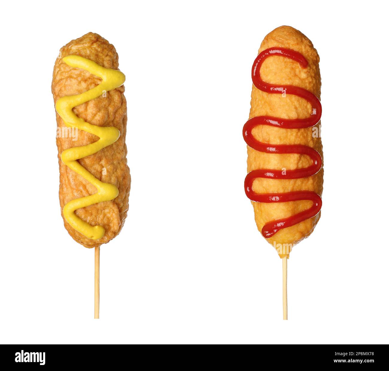 Delicious deep fried corn dogs on white background, collage Stock Photo ...