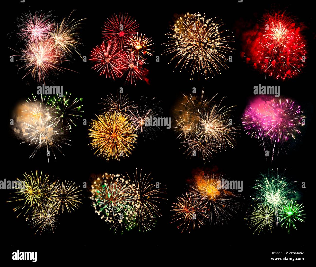 Beautiful bright fireworks on black background, collage Stock Photo - Alamy