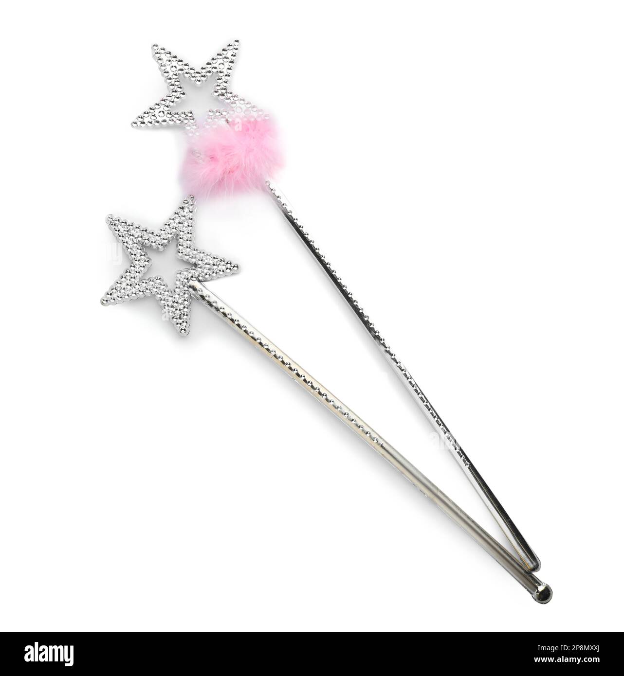 Beautiful silver magic wands on white background, top view Stock Photo ...