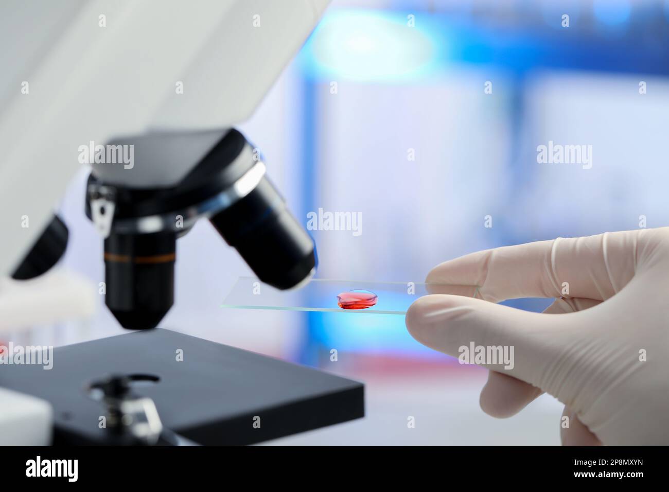 Scientist holding microscope slide with sample of red liquid in ...