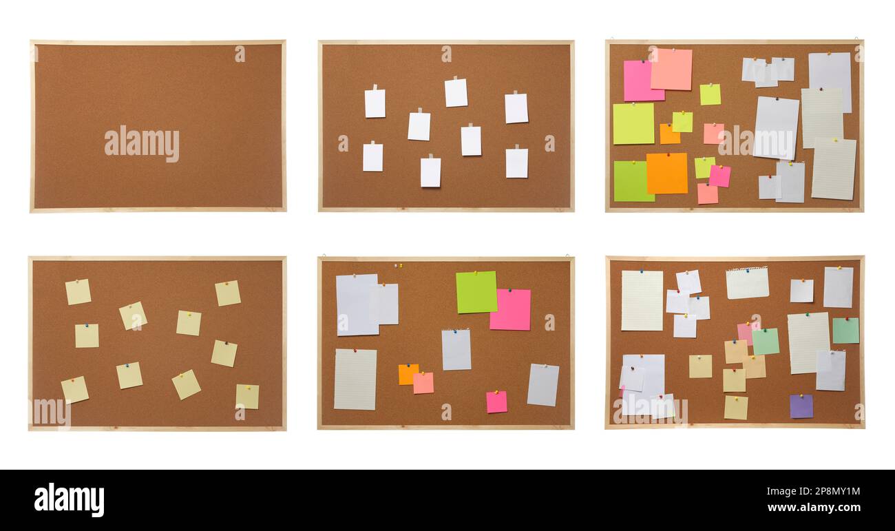 Cork boards with notes on white background, collage. Banner design ...