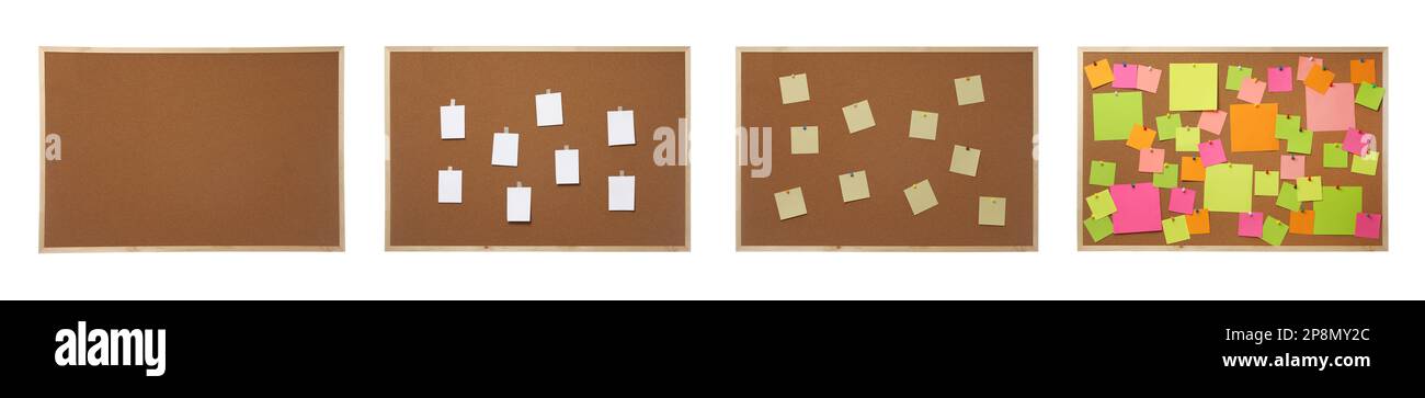 Cork boards with notes on white background, collage. Banner design ...