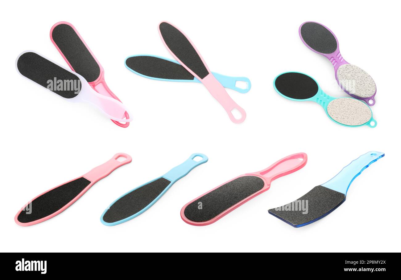 Set with different foot files on white background Stock Photo - Alamy