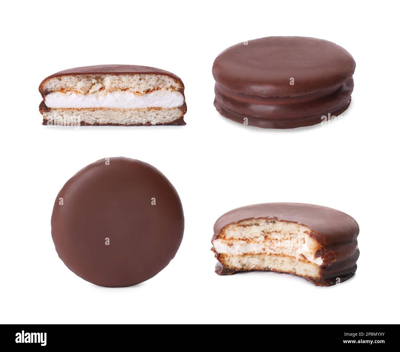 Set with tasty choco pies on white background Stock Photo - Alamy