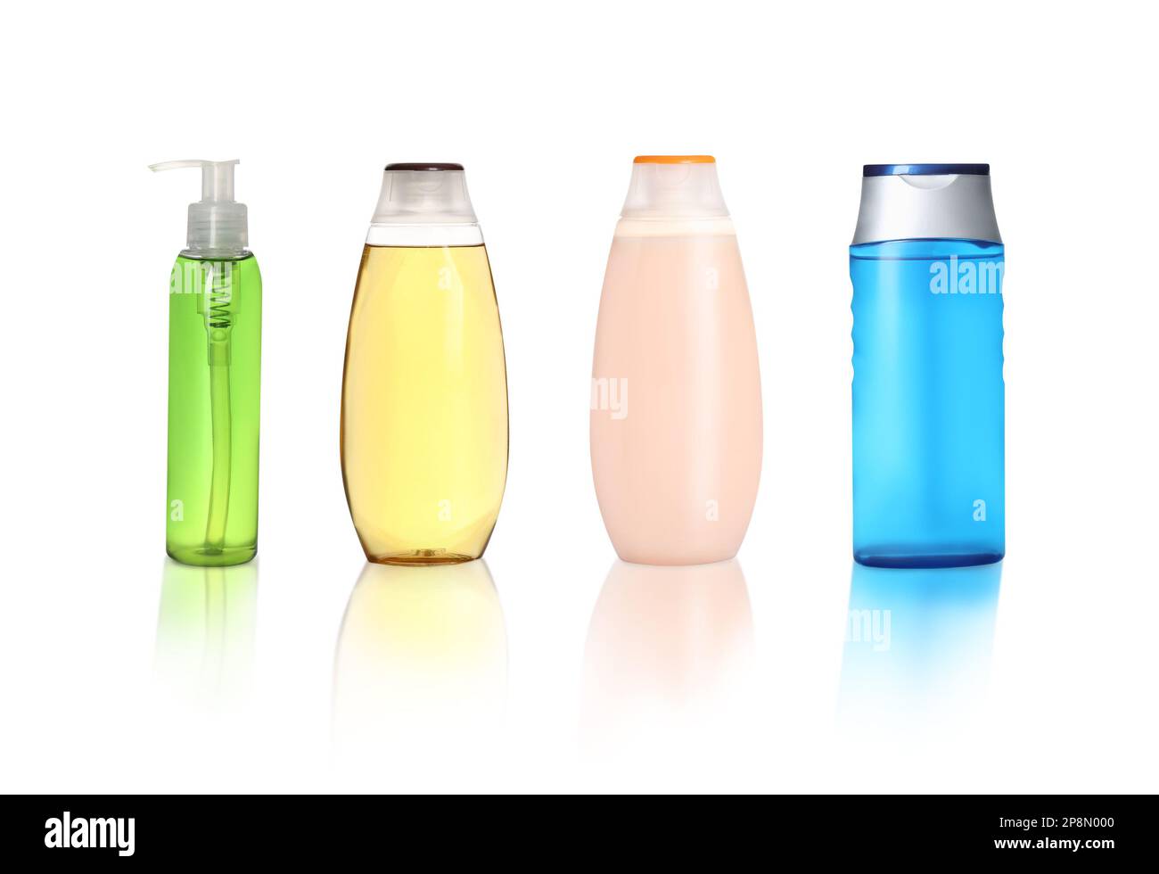 Set with different shower gels on white background Stock Photo - Alamy