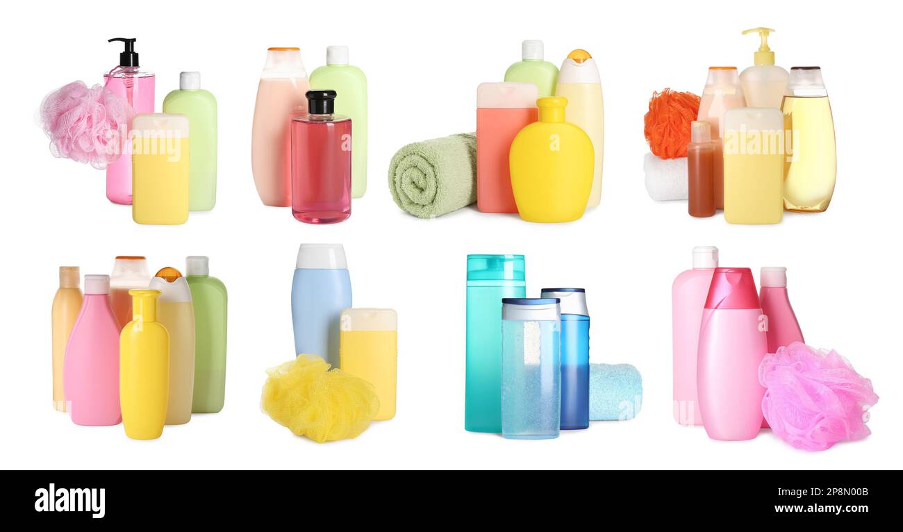 Set with different shower gels on white background. Banner design Stock ...
