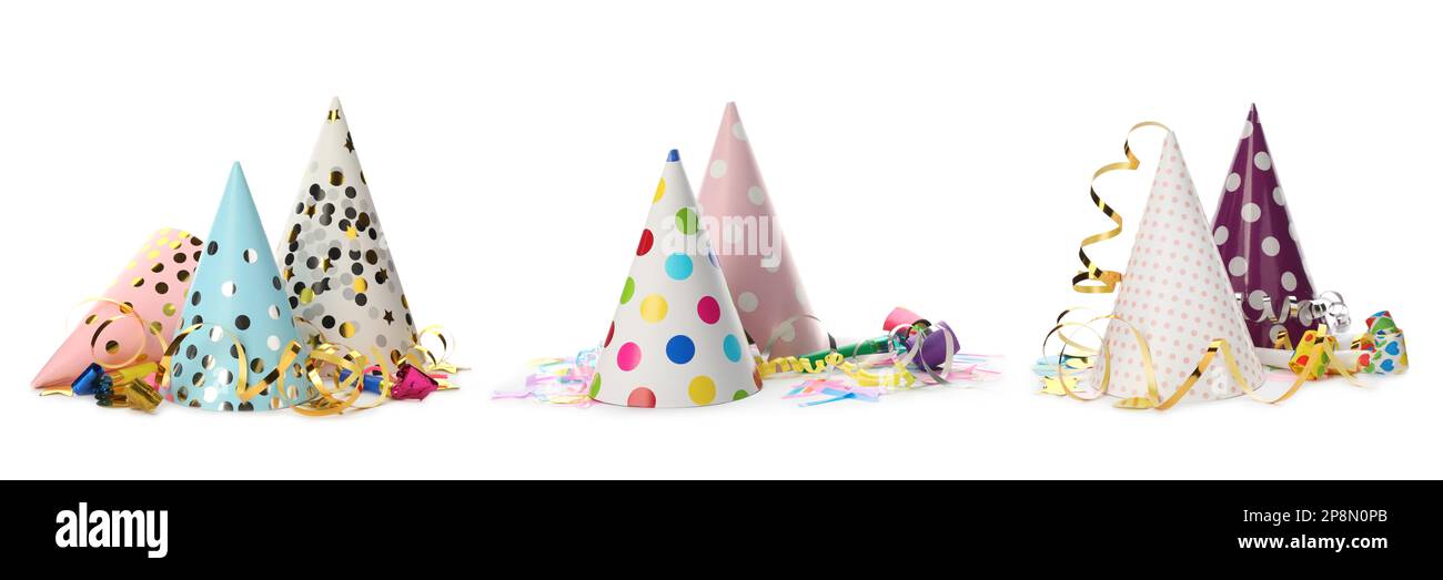 Set with colorful party hats, blowers and streamers on white background ...