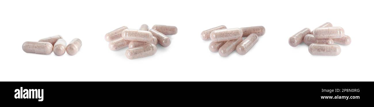 Transparent gelatin capsules on white background, collage. Banner ...