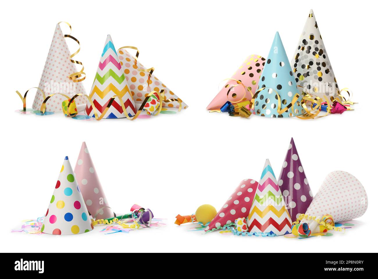 Set with colorful party hats, blowers and streamers on white background ...