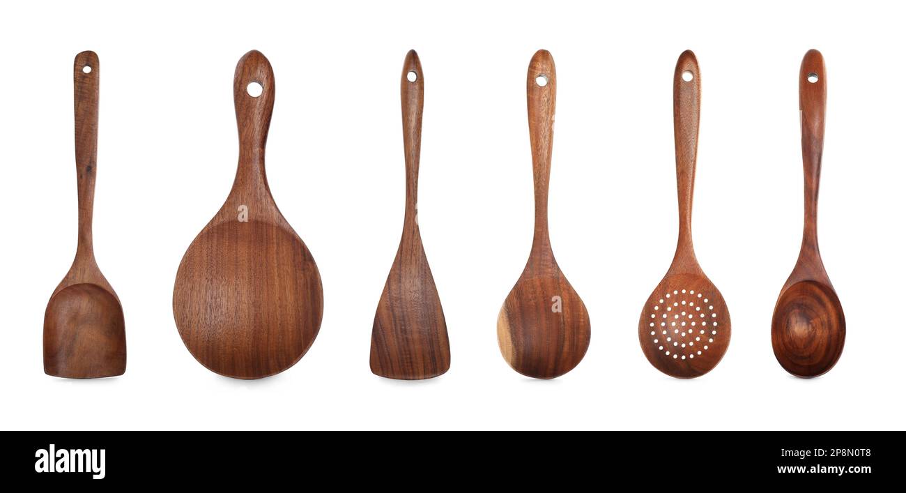 Set of wooden kitchen tools on white background. Banner design Stock ...