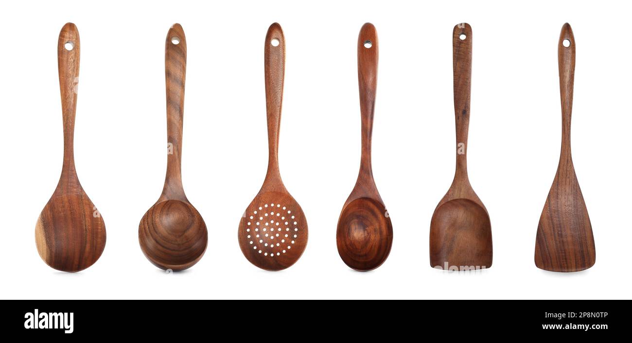 Set of wooden kitchen tools on white background. Banner design Stock ...