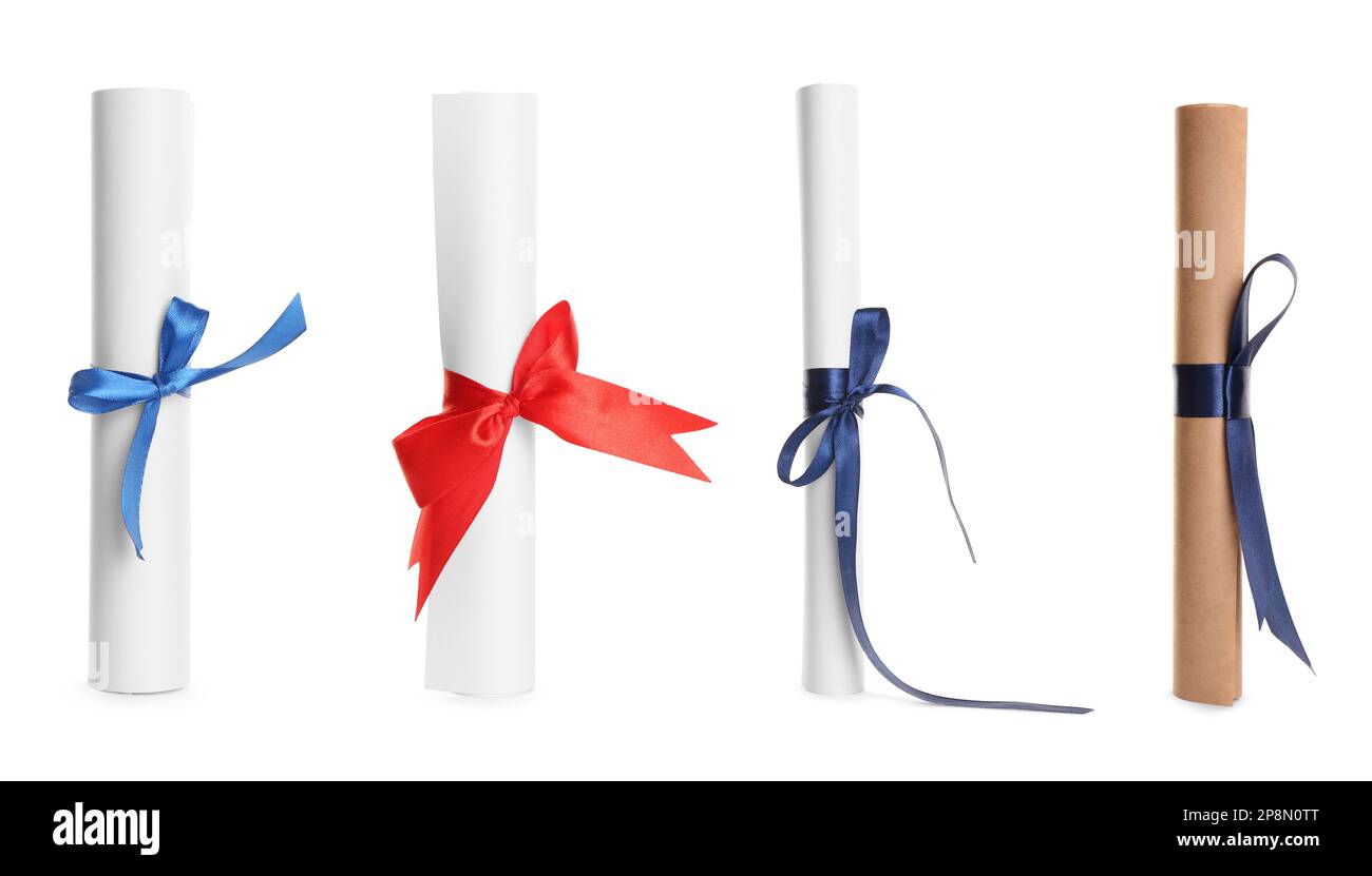 Rolled student's diplomas with blue and red ribbons on white background ...