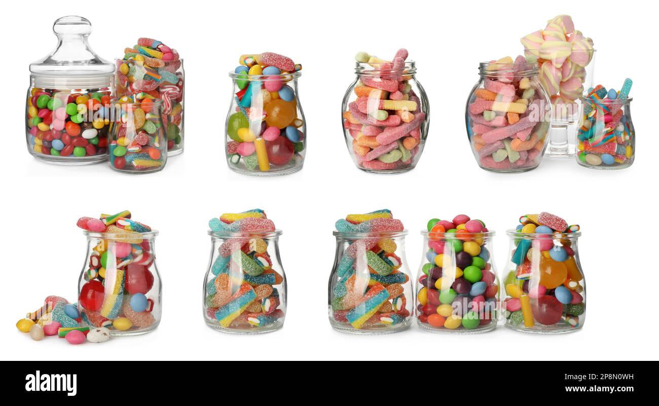Glass jars with different candies on white background, collage. Banner ...