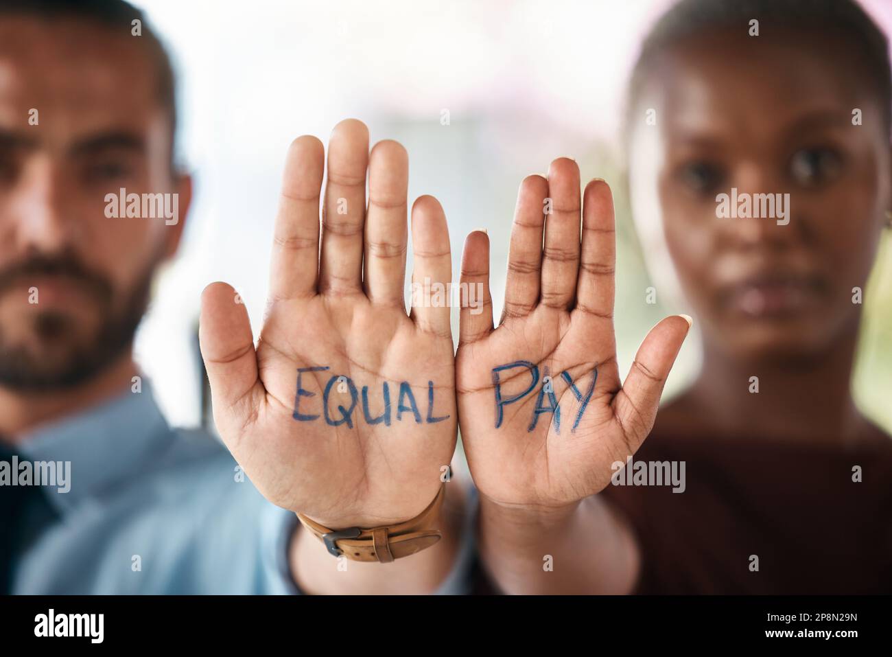Hands, equality and empowerment with a business man and woman showing ...