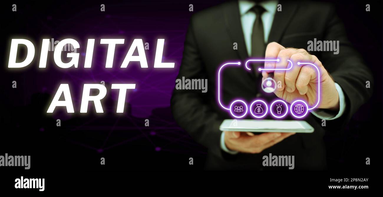 Text caption presenting Digital Art. Business idea use of skill and ...