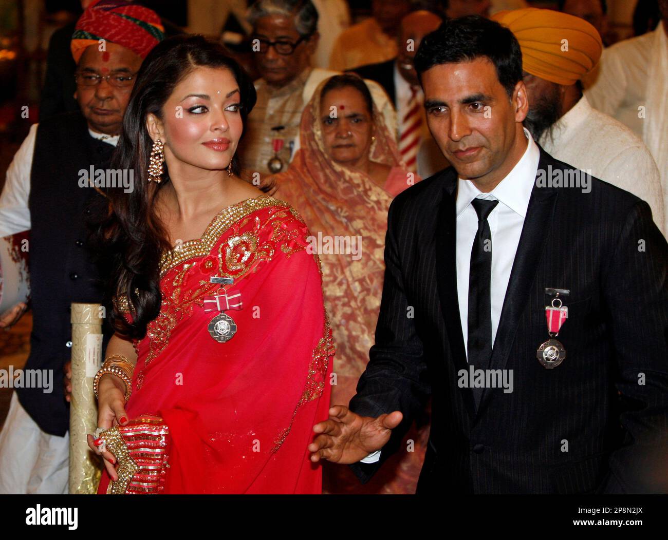 Bollywood actors Akshay Kumar, right, and Aishwarya Rai Bachchan look ...