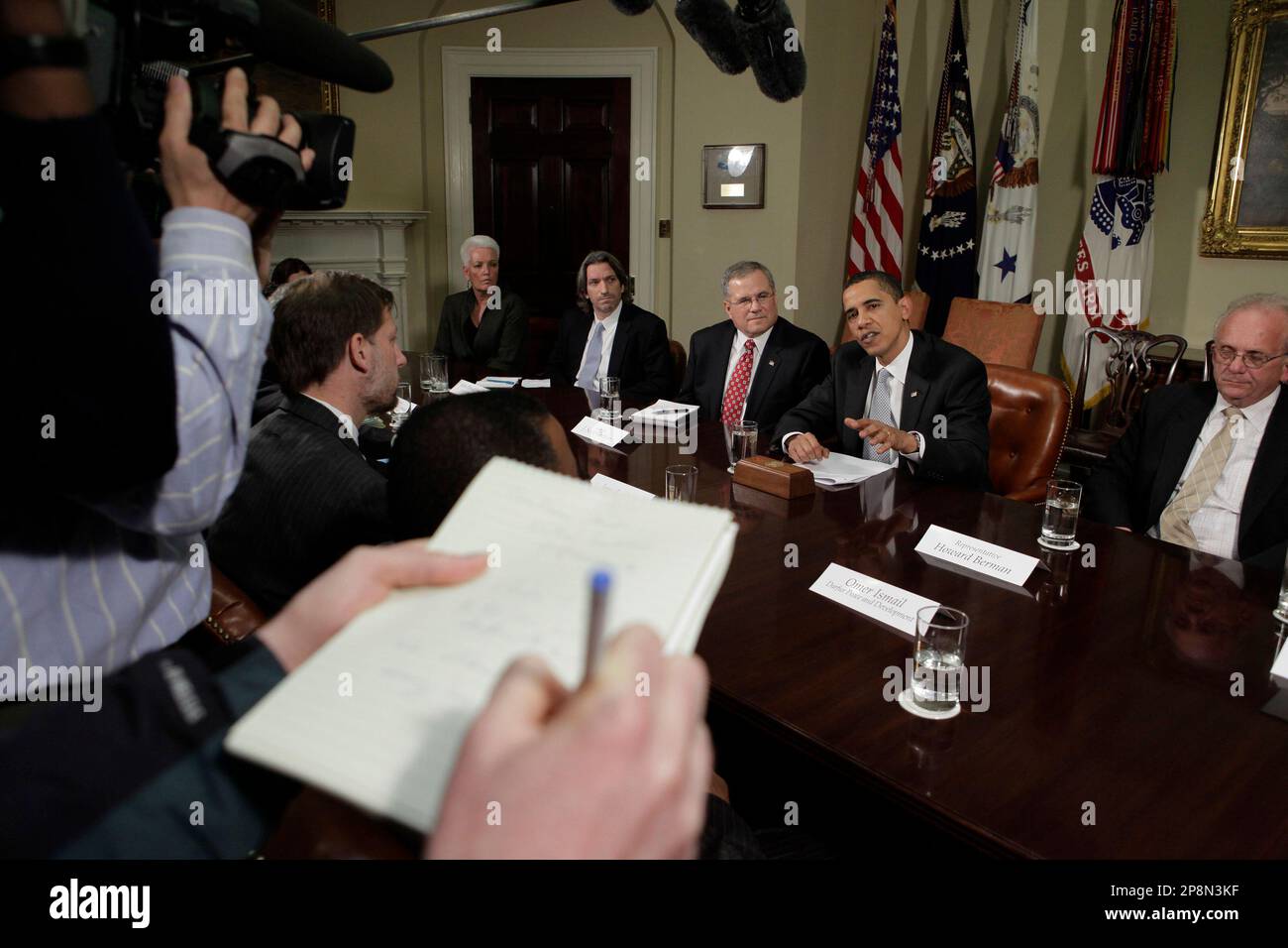President Barack Obama talks with reporters after a meeting with the U ...