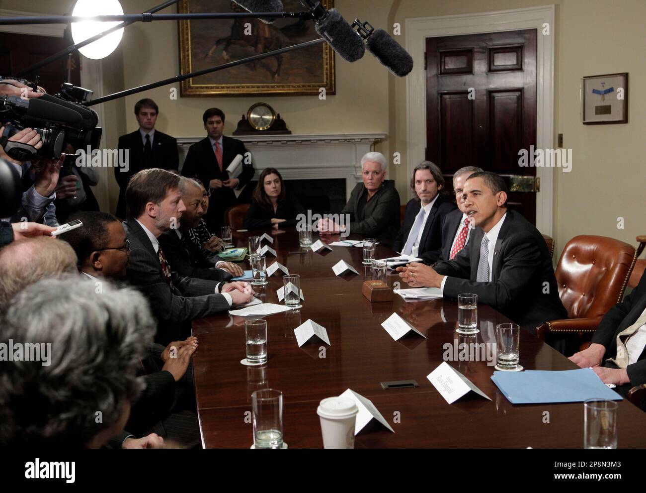 President Barack Obama talks with reporters after a meeting with the U ...