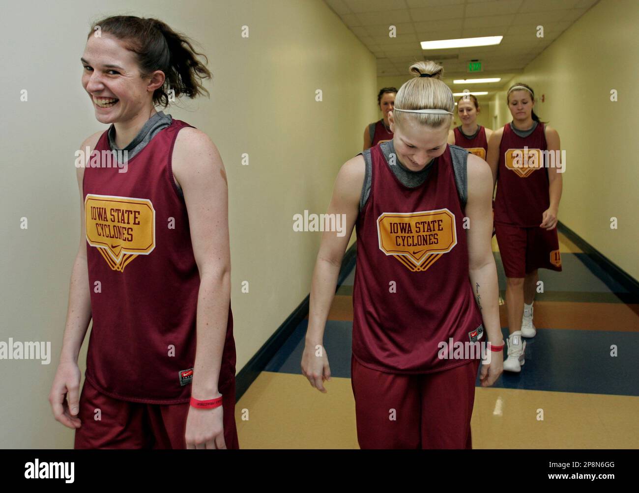Iowa State guard Alison Lacey, left, and guard Heather Ezell, center ...