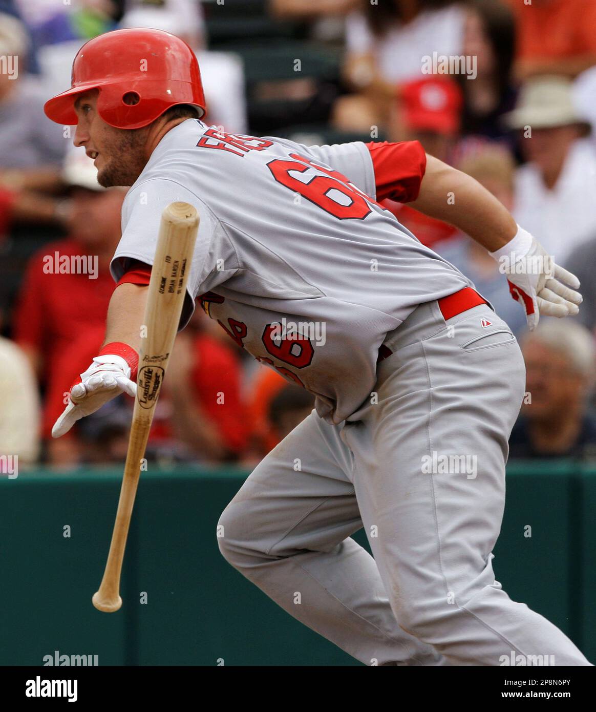 St. Louis Cardinals David Freese tosses his bat on a single against the ...