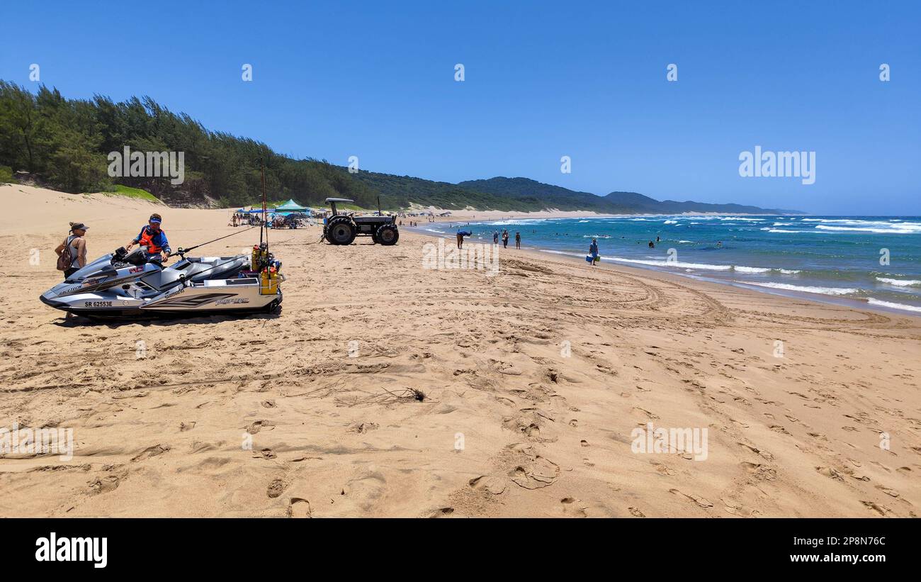 Cape Vidal, South Africa - 14 January 2023: people on the beach of Cape ...