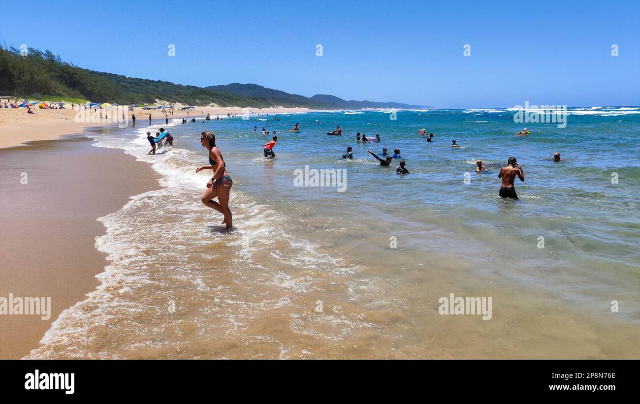 Cape Vidal, South Africa - 14 January 2023: people on the beach of Cape ...