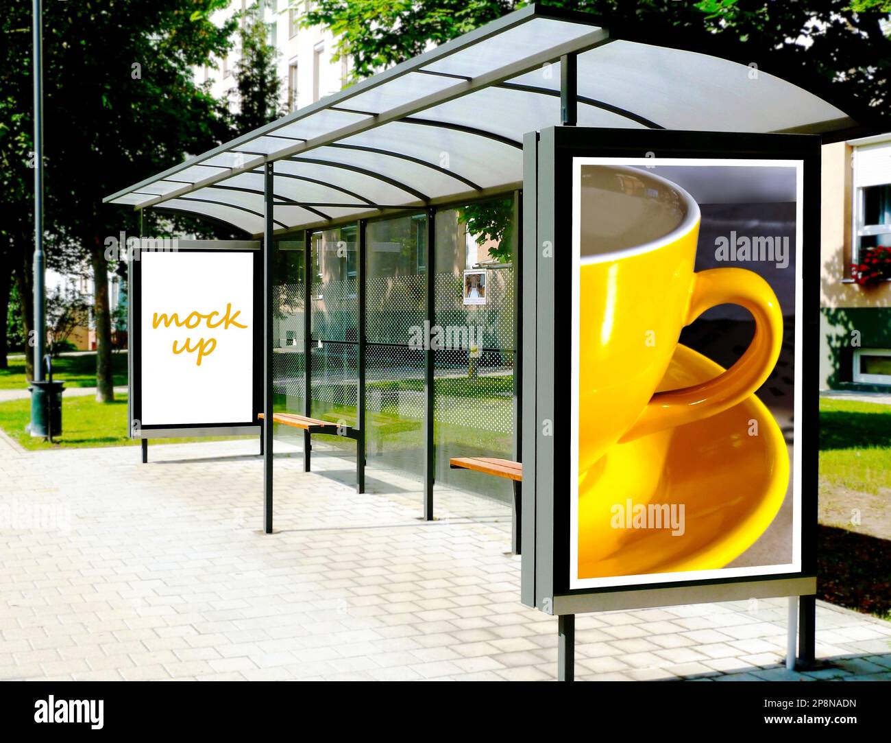 bus shelter with lightbox ad sign. mockup template. glass billboard ...