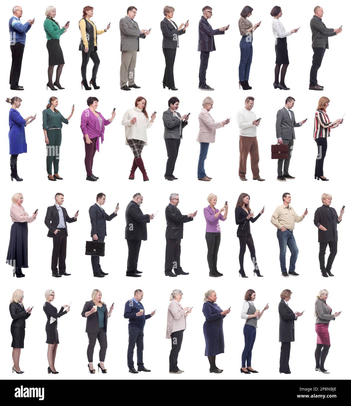 group of people profile holding phone in hand isolated Stock Photo - Alamy