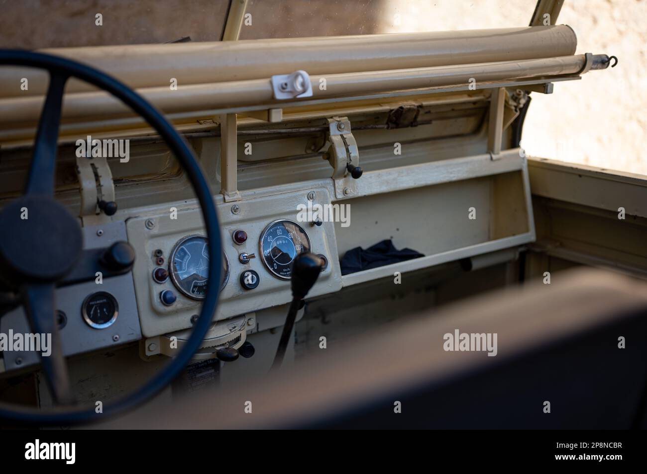 A vintage Land Rover car interior closeup view showing interior details ...