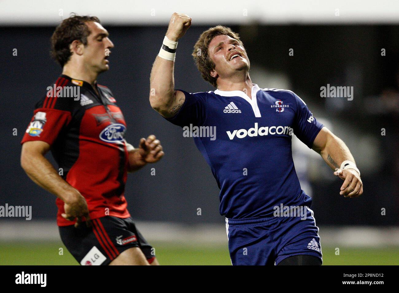 Stormers' Luke Watson celebrates after scoring against the Crusaders in ...
