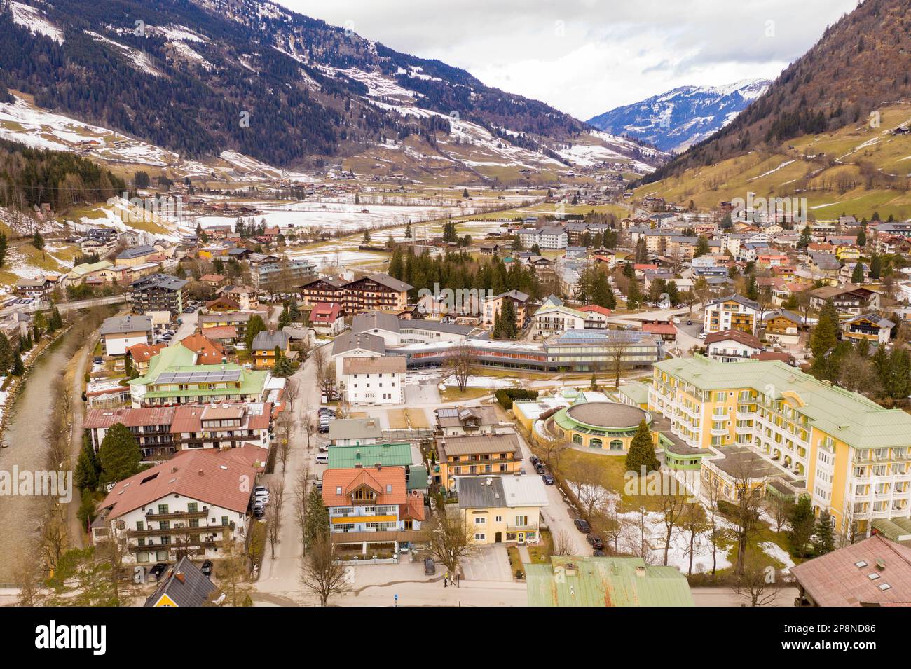 Drone photography of mountain alp town in mountain valley during cloudy ...