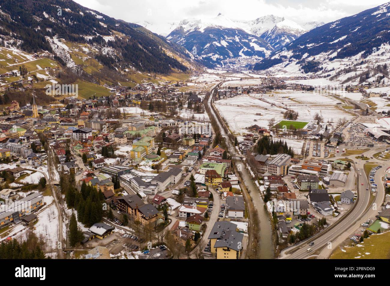 Drone photography of mountain alp town in mountain valley during cloudy ...