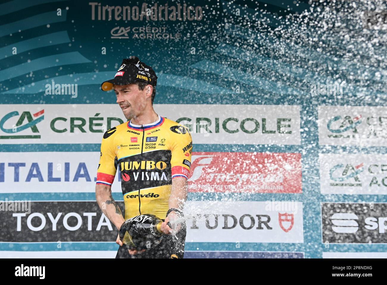 Slovenian Primoz Roglic of Jumbo-Visma celebrates on the podium after ...
