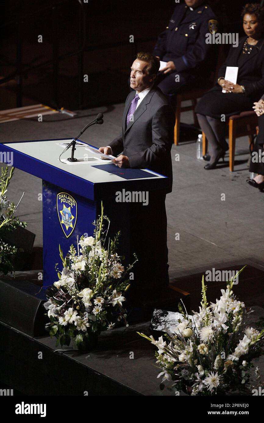 California Gov. Arnold Schwarzenegger, speaks at the funeral of Oakland ...