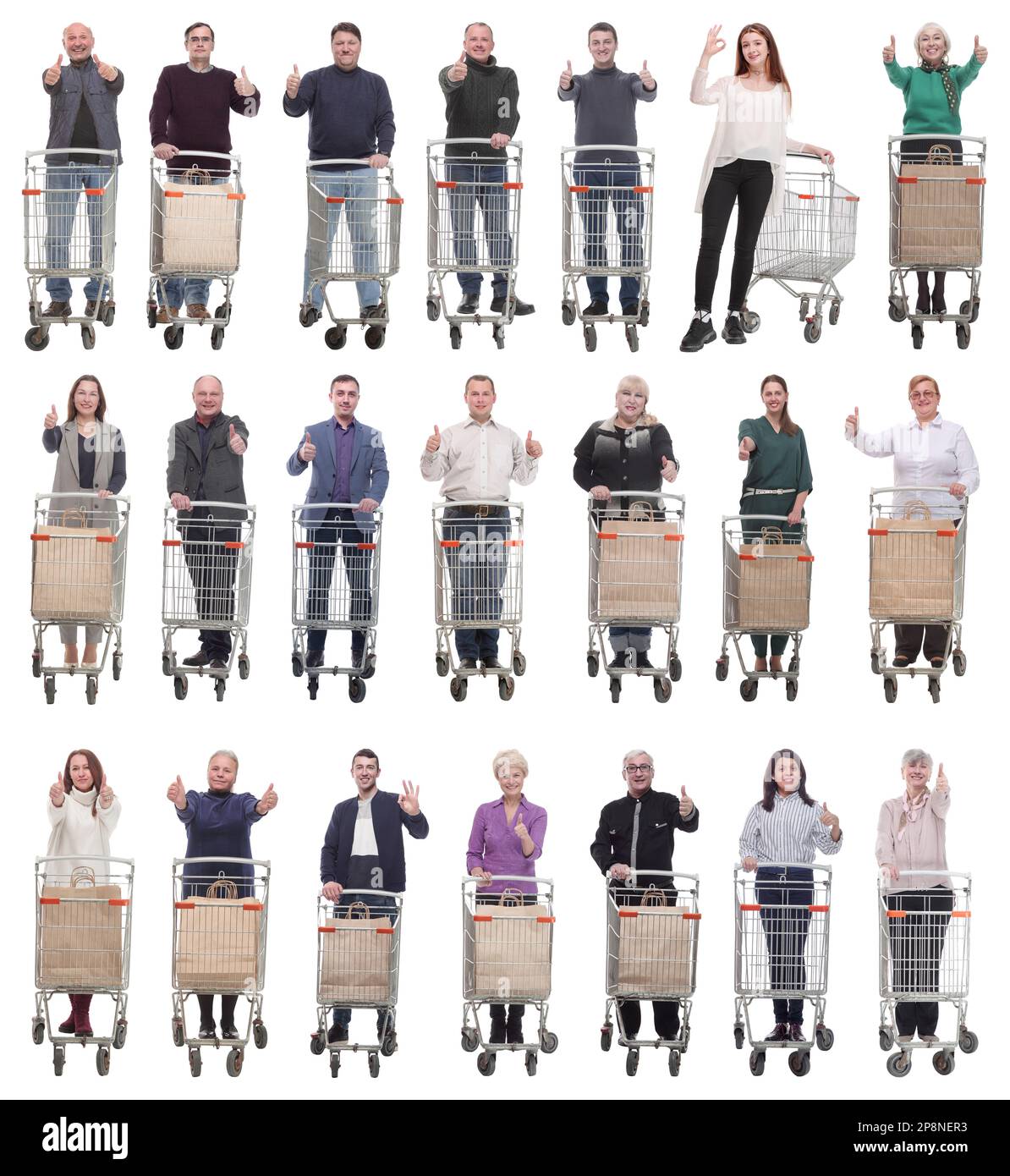 group of people with shopping cart showing thumbs up Stock Photo - Alamy