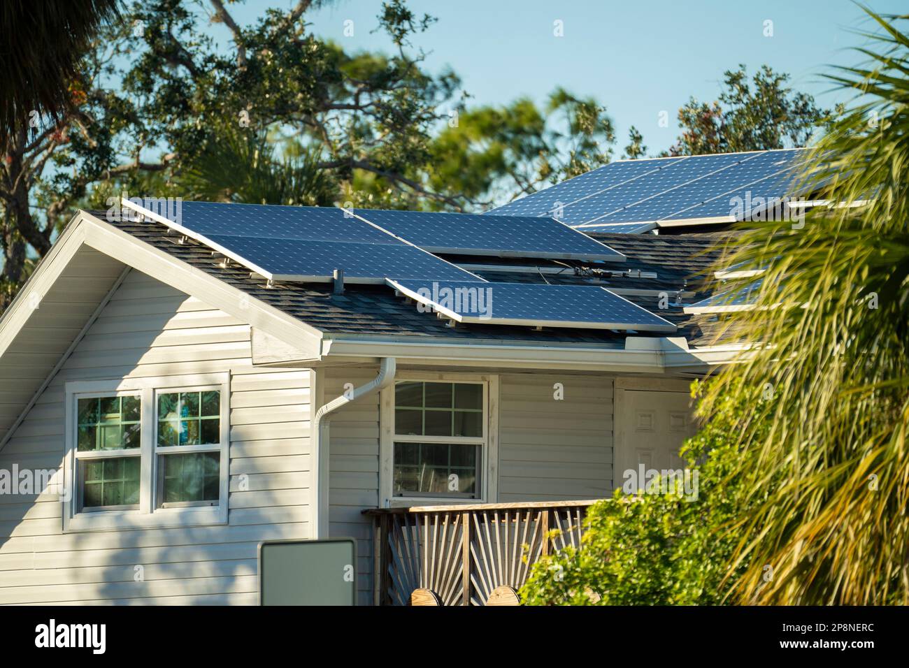 Standard american residential house with rooftop covered with solar ...