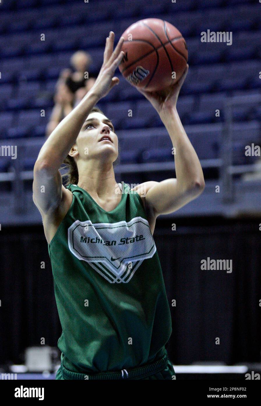 Michigan State center Allyssa DeHaan shoots during practice for a third ...