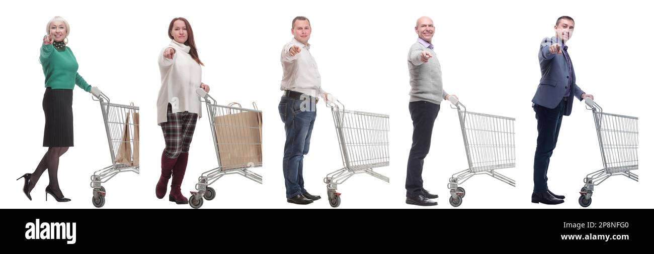 a group of people with a shopping cart point their finger at the camera ...