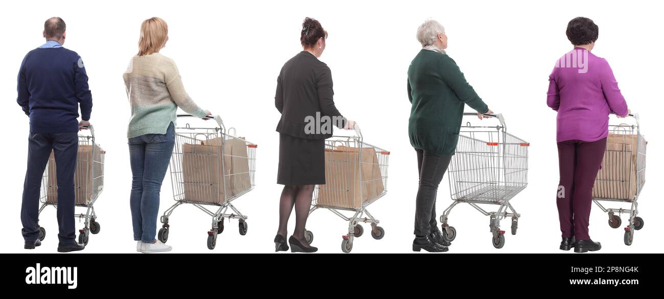 a group of people with a cart stand with their backs isolated Stock ...