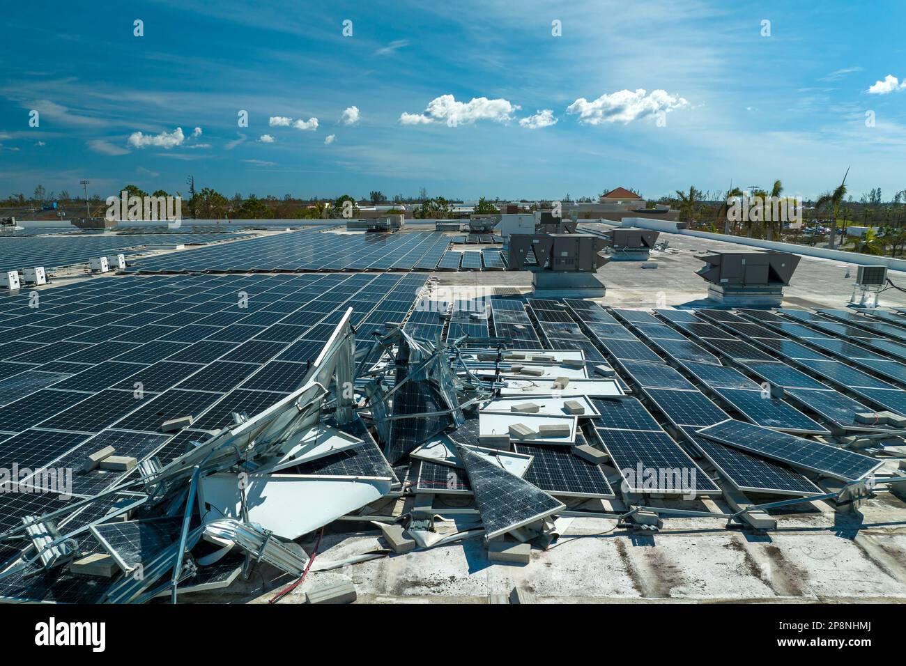 Top view of destroyed by hurricane Ian photovoltaic solar panels ...