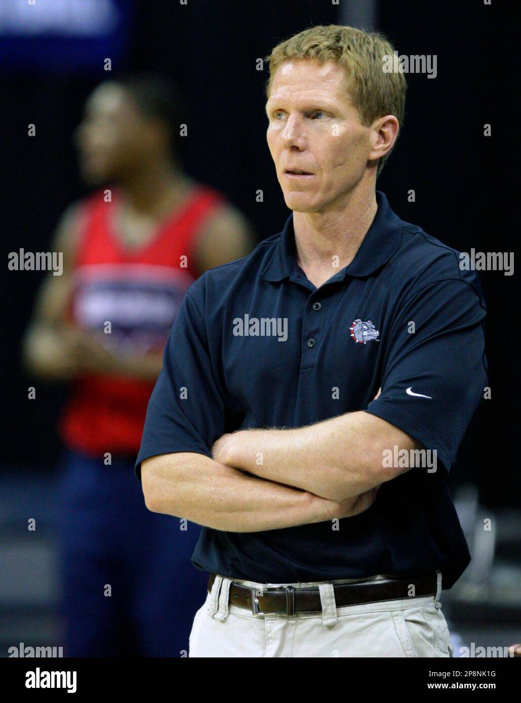 Gonzaga head coach Mark Few watches his players practice for a men's ...