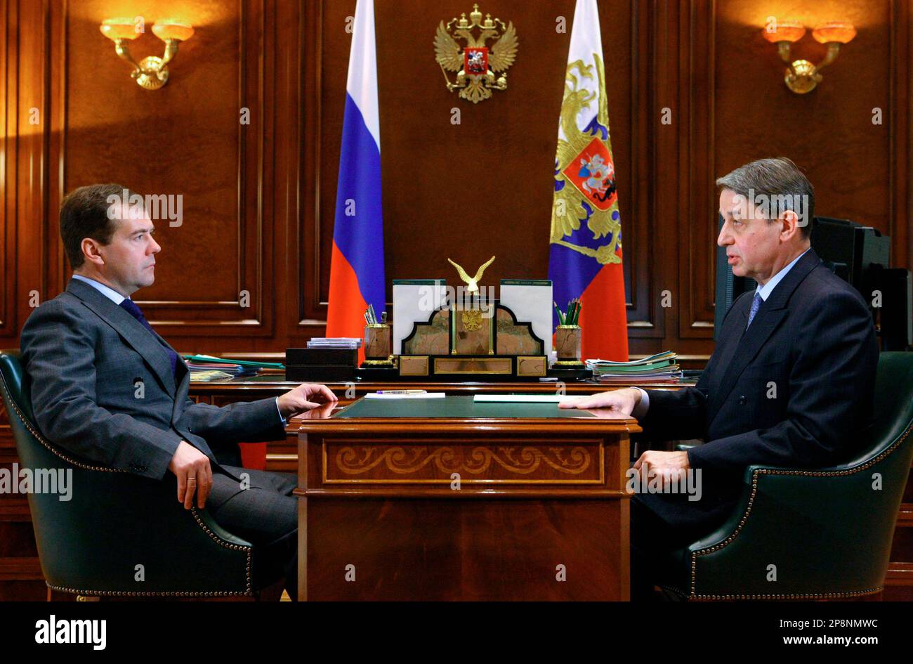 Russian President Dmitry Medvedev listens to Minister of Culture ...