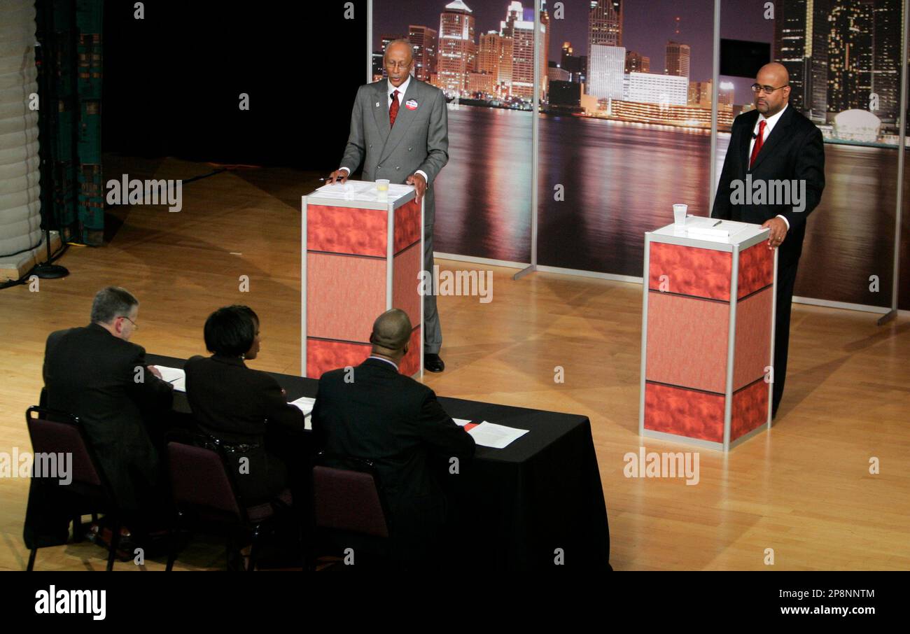Detroit Mayor Ken Cockrel Jr., right, and Dave Bing face each other in ...