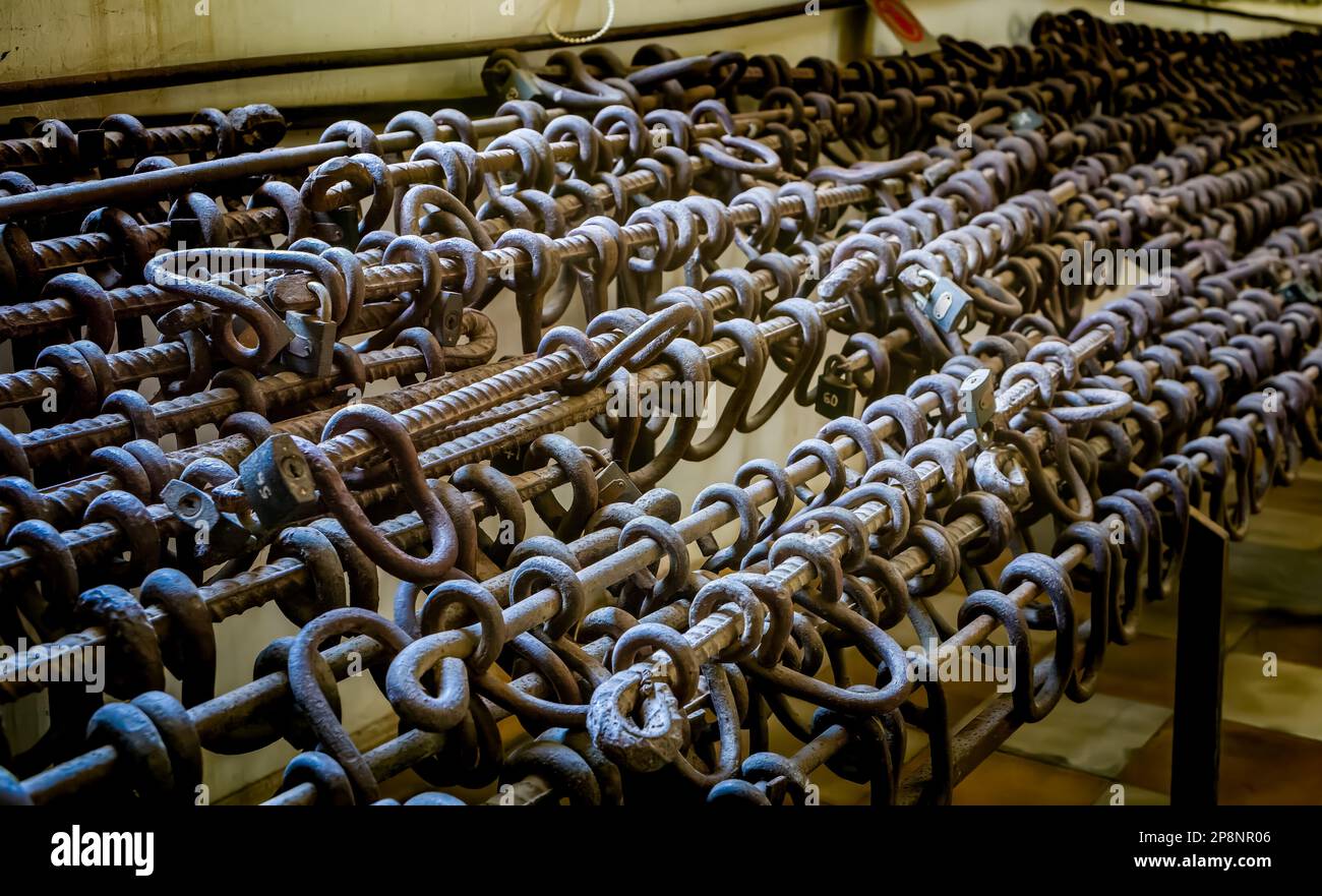 Leg irons and other steel restraints in a room at the Tuol Sleng, or S ...