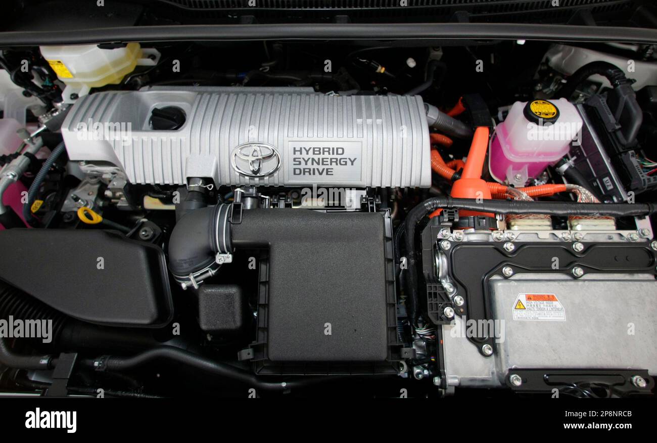 The engine of Toyota Motor Corp.'s new Prius prototype is shown during ...
